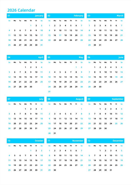 2026年日历表 英文版 纵向排版 周日开始 带节假日调休 日历模板(DF011-2279) - 日历表2026年日历打印下载